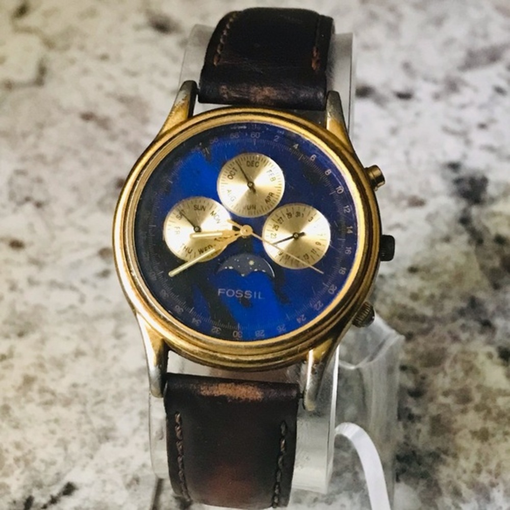 1995 Rare Fossil Blue Chronograph Moon Phase Watch Bq… - Gem